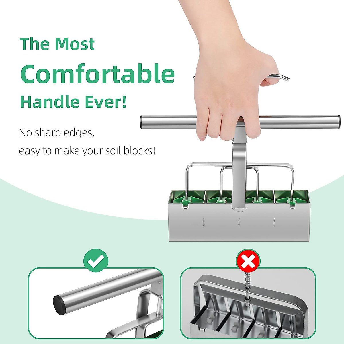 Soil Blocker with Comfortable Handle, 4 Cell Soil Block Maker 2 Inch Mold Blocking Tool for Seed Starting Germination, Grow Seedling No Transplant Shock