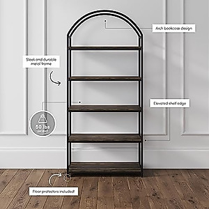 Nathan James Haven Etagere Bookshelf, 5-Shelf Bookcase in Nutmeg Wood and Black Metal Frame with Arch Top and Open Shelves, Nutmeg/Black