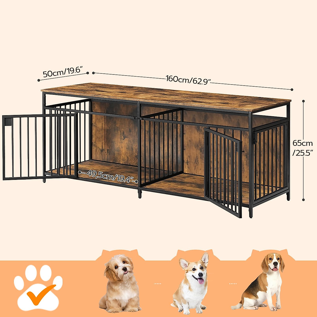 HOOBRO Dog Crate Furniture, 62.9" Dog Kennel Indoor End Table with Removable Divider, Three Doors Wooden Cage for Large/Medium/Small Dog, Heavy-Duty Chew-Resistant, Rustic Brown and Black BF160GW03