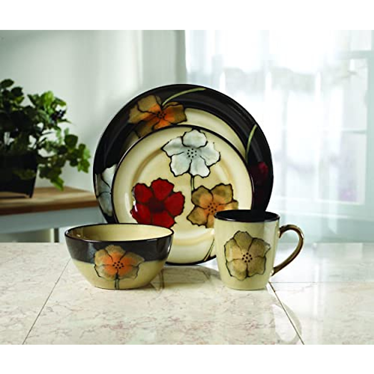 Pfaltzgraff Painted Poppies 16-Piece Stoneware Dinnerware Set, Service for 4, Tan/Assorted -