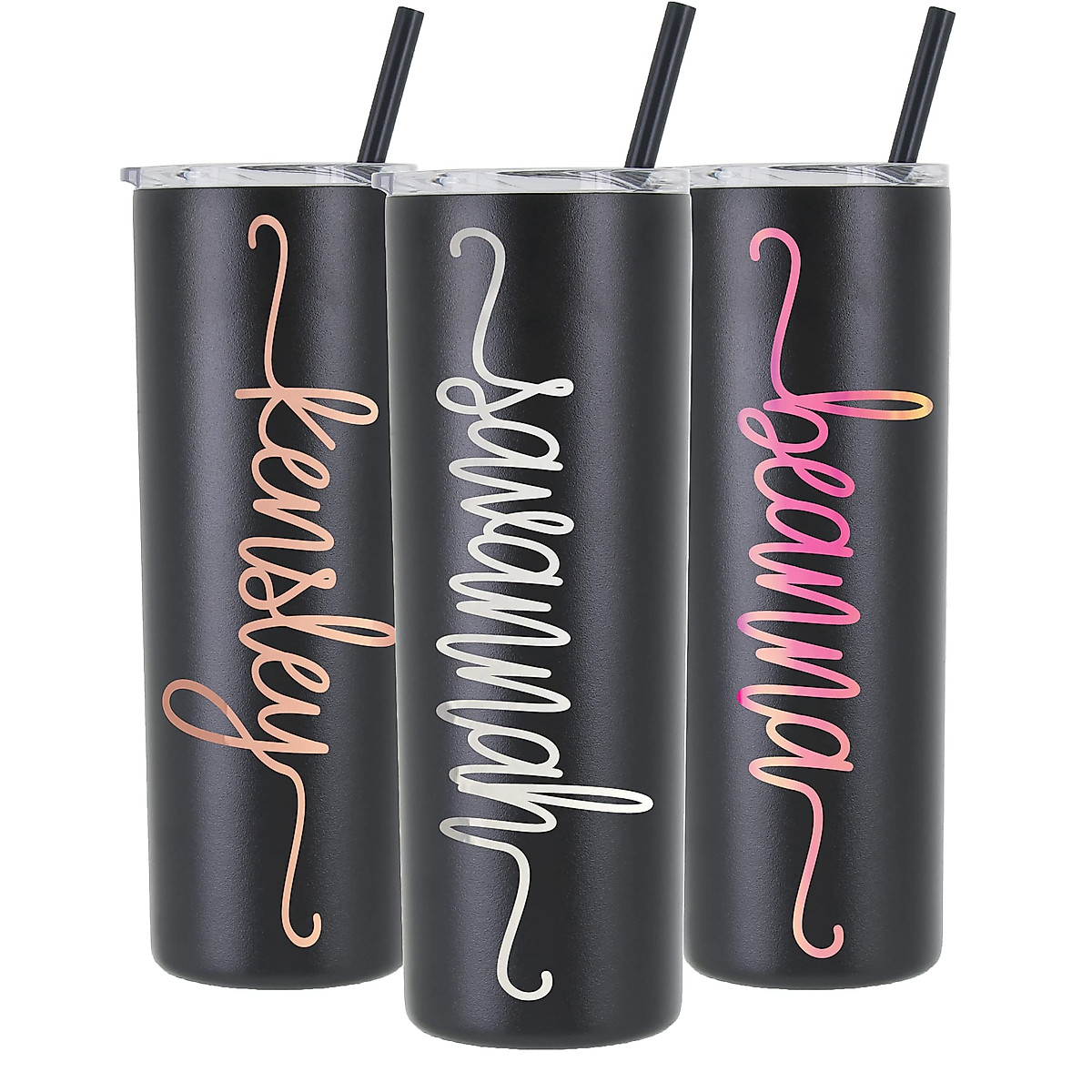20 oz Stainless Steel Skinny Tumbler with Personalized Swirl Name Decal in Opal or Chrome Vinyl by Avito - Includes Straw and Lid - Bridesmaid, Bachelorette, Bridal Party Gifts, Mother's Day Gift