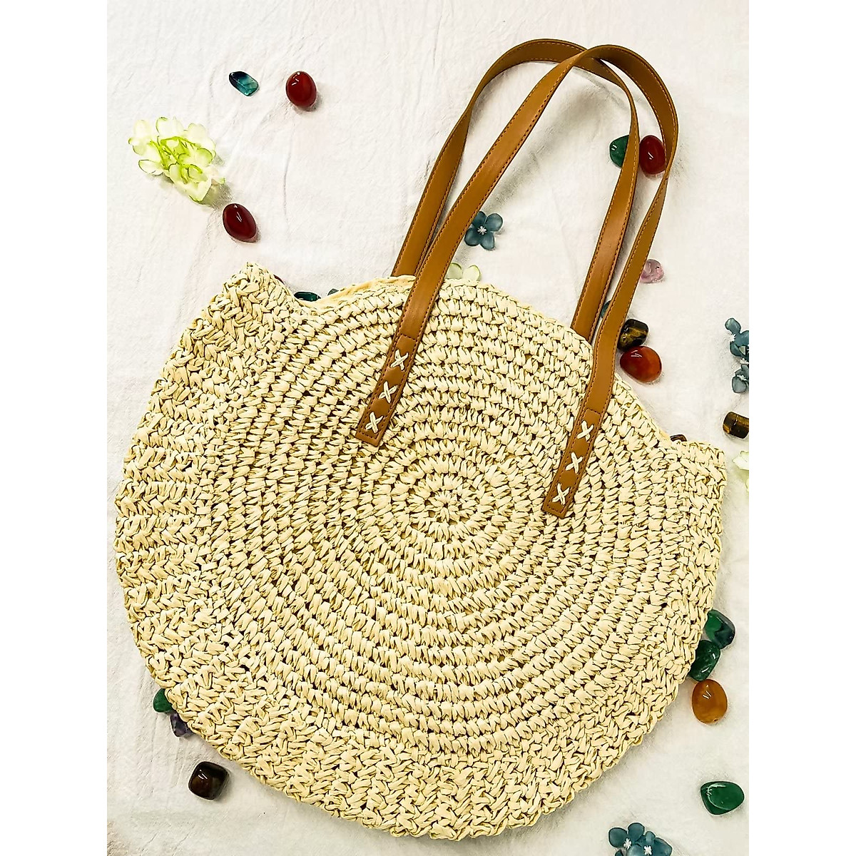 Seamido Straw Bag Handwoven Beach Bags Corn Straw Tote Woven Shoulder Bag For Women (Beige)