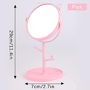 Desk Mirror in Cute Cat Ears Shape Practical Desktop Makeup Mirror Portable with Folding Stand Round Makeup Mirror Stand Up Desk 360 Circular Rotation Cute Circle Mirror for Bedroom Bathroom