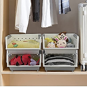 Kekow 4-Pack Plastic Large Stacking Organizer Basket, Stackable Storage Basket, White