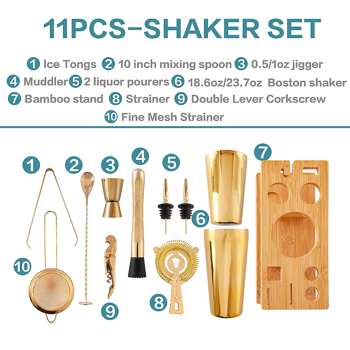 AUOXIOUYM 11-Pcs Cocktail Shaker Set Gold,Bartending Kit Stainless Steel Shakers 25oz Bar Kits for Bartender Mixing Set Barware Tool Sets for Professional Bartender and Home