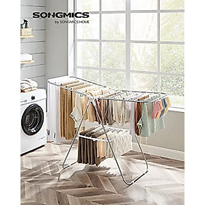 SONGMICS Clothes Drying Rack, with Sock Clips, Metal Laundry Rack, Foldable, Space-Saving, Free-Standing Airer, with Height-Adjustable Gullwings, Indoor Outdoor Use, Silver and White ULLR052W01