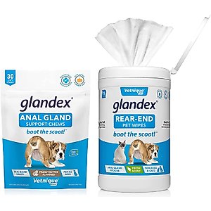 Glandex 30ct Peanut Butter Anal Gland Soft Chews with Glandex 75ct Pet Wipes Bundle by Vetnique Labs