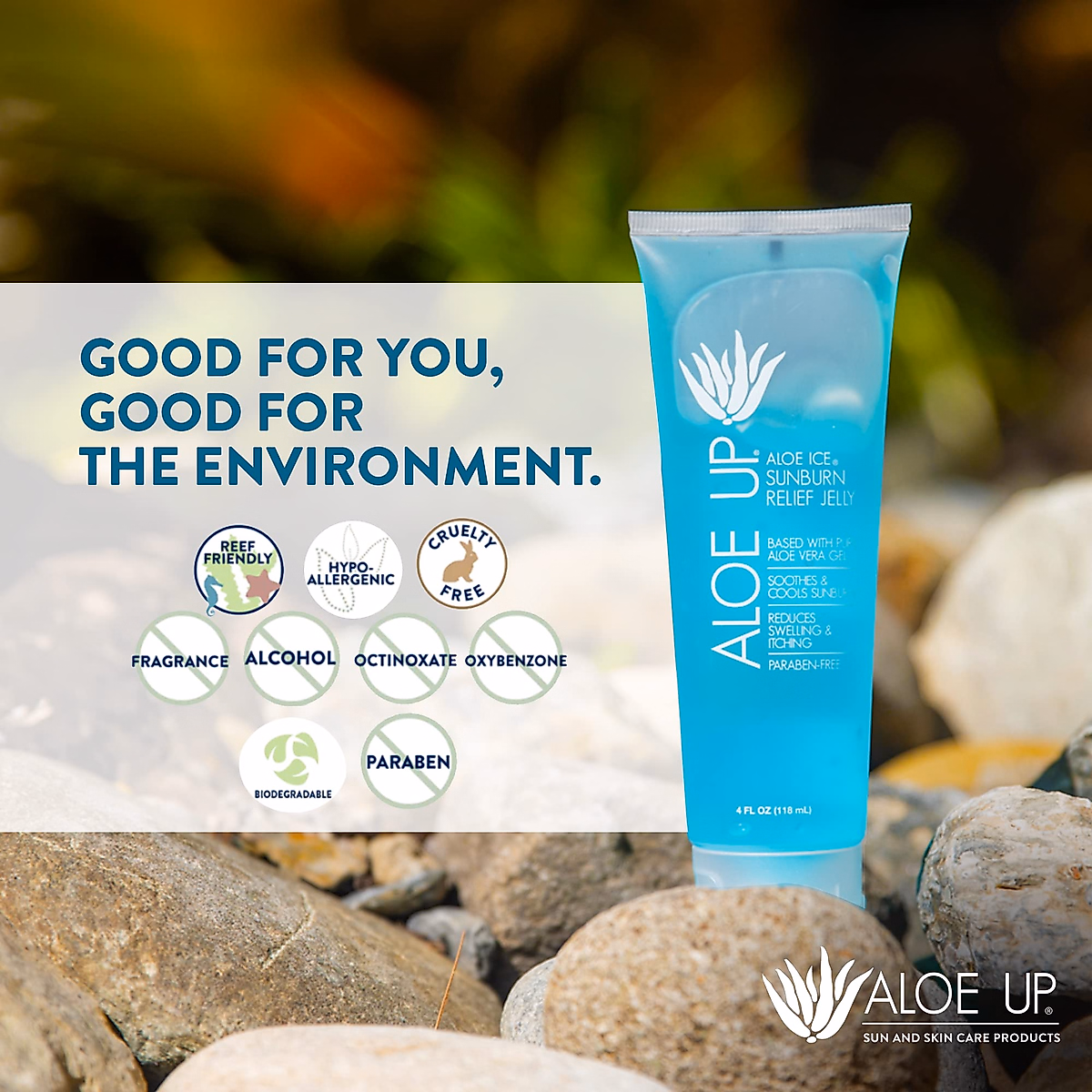 ALOE UP Aloe Ice Sunburn Relief Jelly - Face and Body Organic After Sun Gel - With 96.6% Pure Aloe Vera Gel - Reef Safe - Alcohol- and Fragrance-Free - 4 Oz