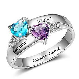 OPALSTOCK Personalized 2 Heart Birthstone Rings for Women Custom 2 Names Mother Rings for Mom Mother's Day Gifts Promise Rings for Her Engagement Rings for Women (6)