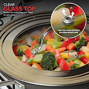 Modern Innovations Universal Lid with Tempered Glass Top for Pots & Pans, Fits 8.25, 9, 10, 11, and 12 Inch Cookware - Large Replacement Frying Pan Cover, Cast Iron Skillet Lids - Stainless Steel