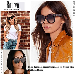 Bouryo Retro Oversized Square Sunglasses for Women Flat Lens Sun Glasses Gradient Shades UV400(Black+Black,Tortoise)
