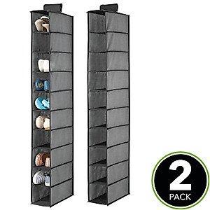 mDesign Soft Fabric Closet Organizer - Holds Shoes, Handbags, Clutches, Accessories - 10 Shelf Over Rod Hanging Storage Unit - Textured Print - 2 Pack - Charcoal Gray/Black