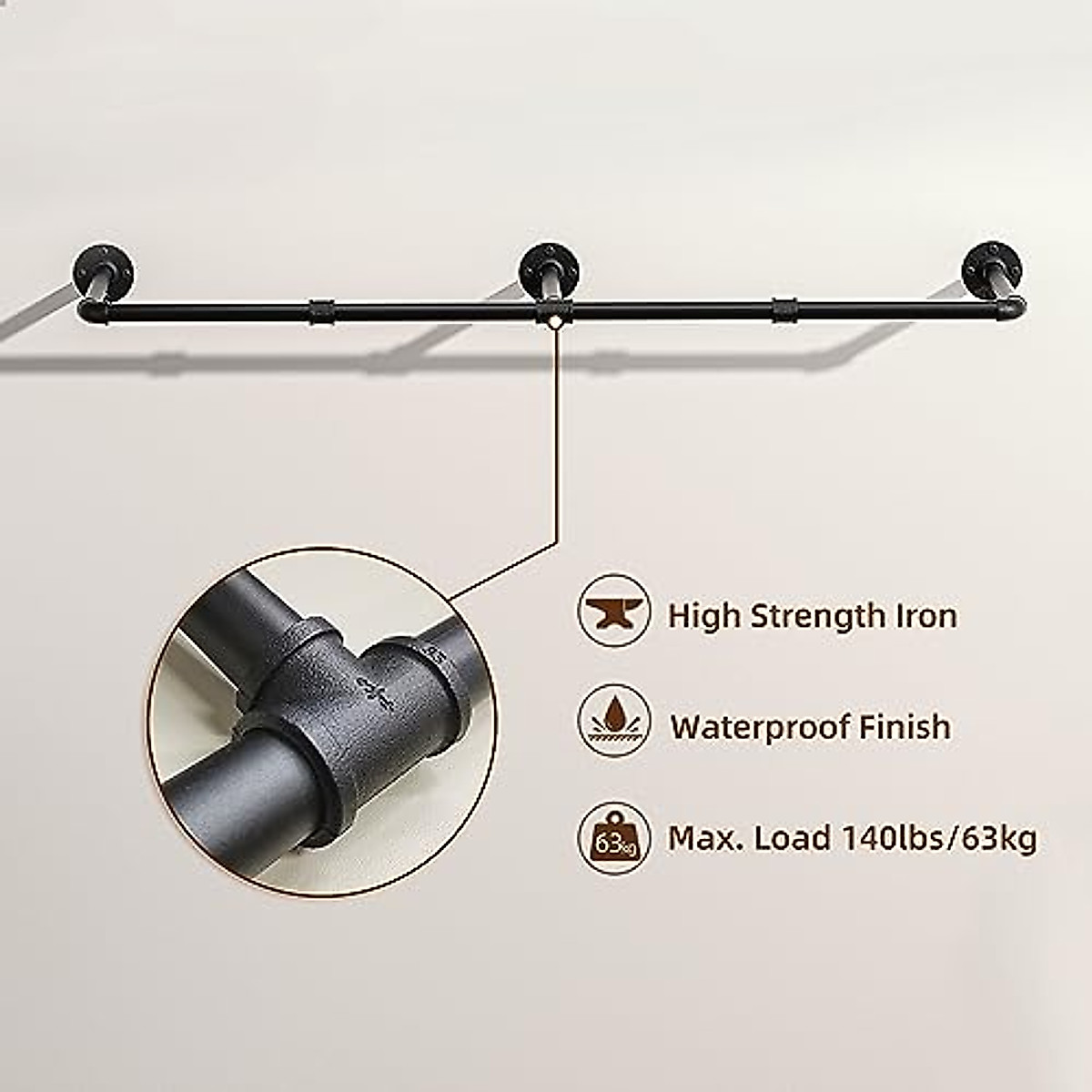 Vintage Clothes Rack, 48" Industrial Pipe Wall Mount Garment Rack, Space-Saving Heavy Duty Clothes Hanger for Closet Storage, 3 Bases, 1-Pack with 6 S-Hooks, Industrial Pipe Wall Mounted Closet Rod