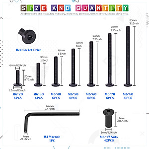 Glarks 85Pcs M6x20/ 30/40/ 50/60/ 70/ 80mm Black Hex Drive Socket Cap Bolts Kit, Allen Head Countsunk Furniture Crib Bolts Nuts Screws for Chair Table Cabinets