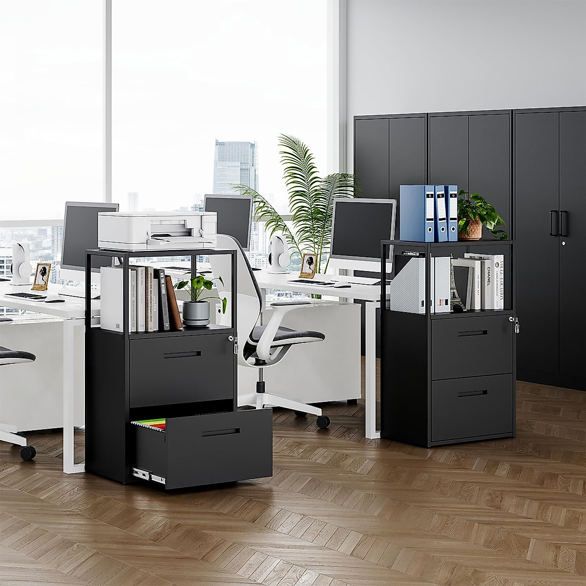 MIIIKO Office File Cabinet with 2 Drawers and Shelf, Metal Vertical Filing Cabinet with Lock, Lateral Two Drawers for Storage Letter/Legal Size File Folders, Top Shelf for Printer Stand