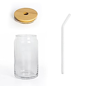 Can Shaped Drinking Glass With Bamboo Lids and Straw, 16 Oz, 4 pcs Set, Beer Can Shaped Glass Cups,Reusable Glass for Water, Wine, Juice, for Cocktail, Soda, Tea, Whiskey