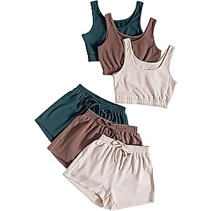 SheIn Women's 6 Pieces Outfits Crop Tank Top and Elastic Waist Shorts Set Multicolor Blue Medium