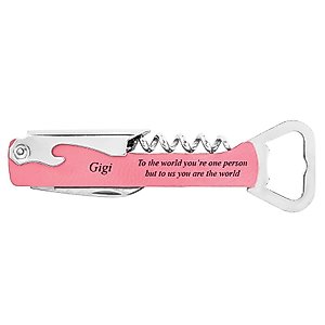 Gigi To The World You're One Person But To Us You Are The World - Stainless Steel Faux Leather Leatherette Multi-Tool Corkscrew Wine Bottle Beer Opener with Foil Cutter