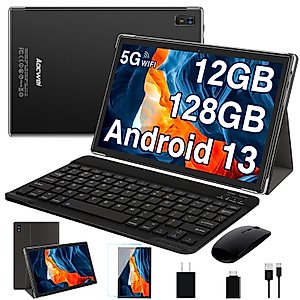 2024 Newest 10 Inch Tablet Android 13 Tablets with Keyboard, 12GB RAM 128GB ROM 512GB Expand, Octa-Core, 5G/2.4G WiFi, HD IPS Display, 8000mAh Tablet PC with Case Mouse GPS Split Screen Support-Black
