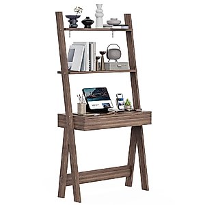 Giantex 3 Tier Ladder Desk with Drawer, 33" Width Walnut Ladder Shelf with Anti-Tipping Device, Freestanding Bookshelf, Leaning Computer Desk with Shelves for Small Space