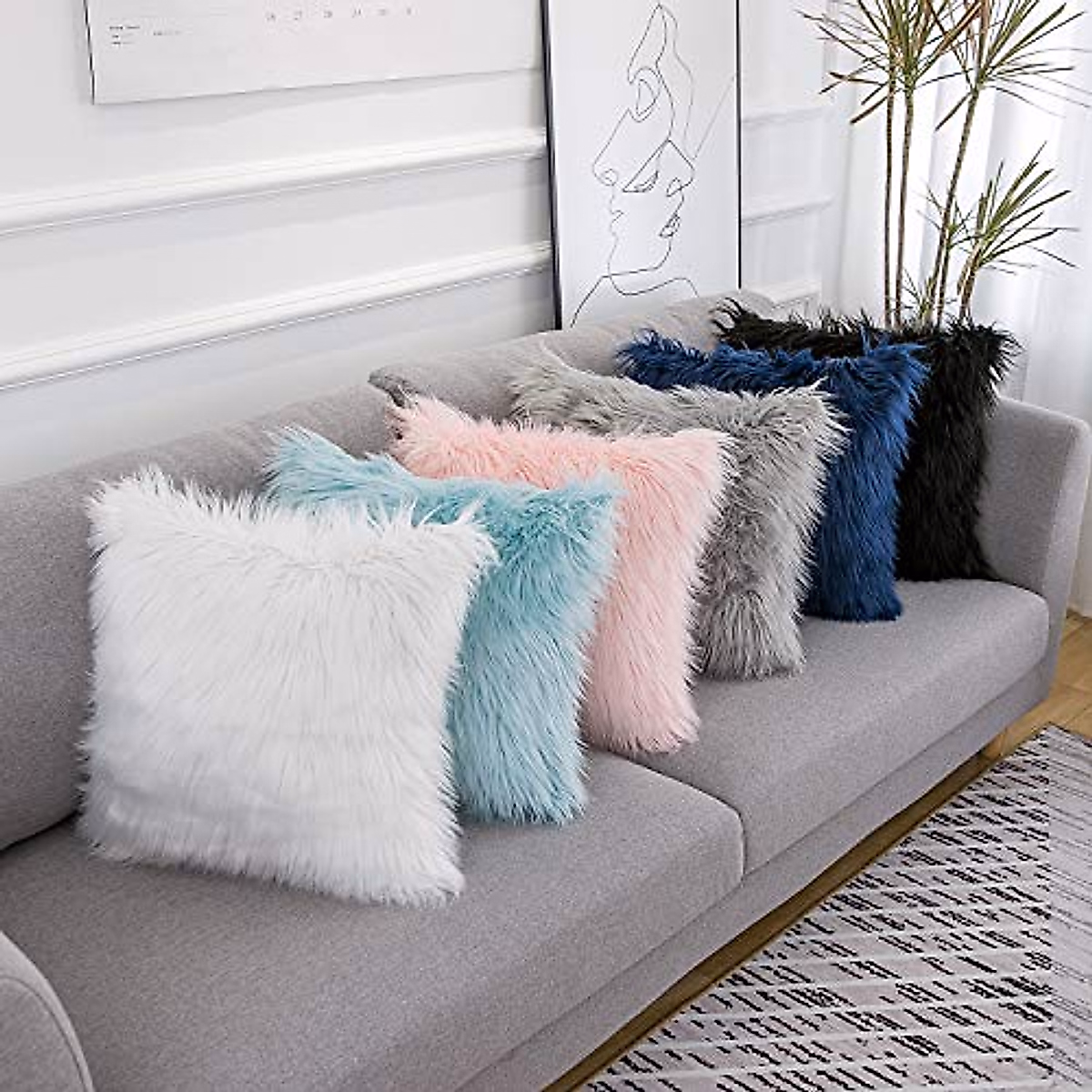 WLNUI Set of 2 Pink Fluffy Pillow Covers New Luxury Series Merino Style Blush Faux Fur Decorative Throw Pillow Covers Square Fuzzy Cushion Case 18x18 Inch
