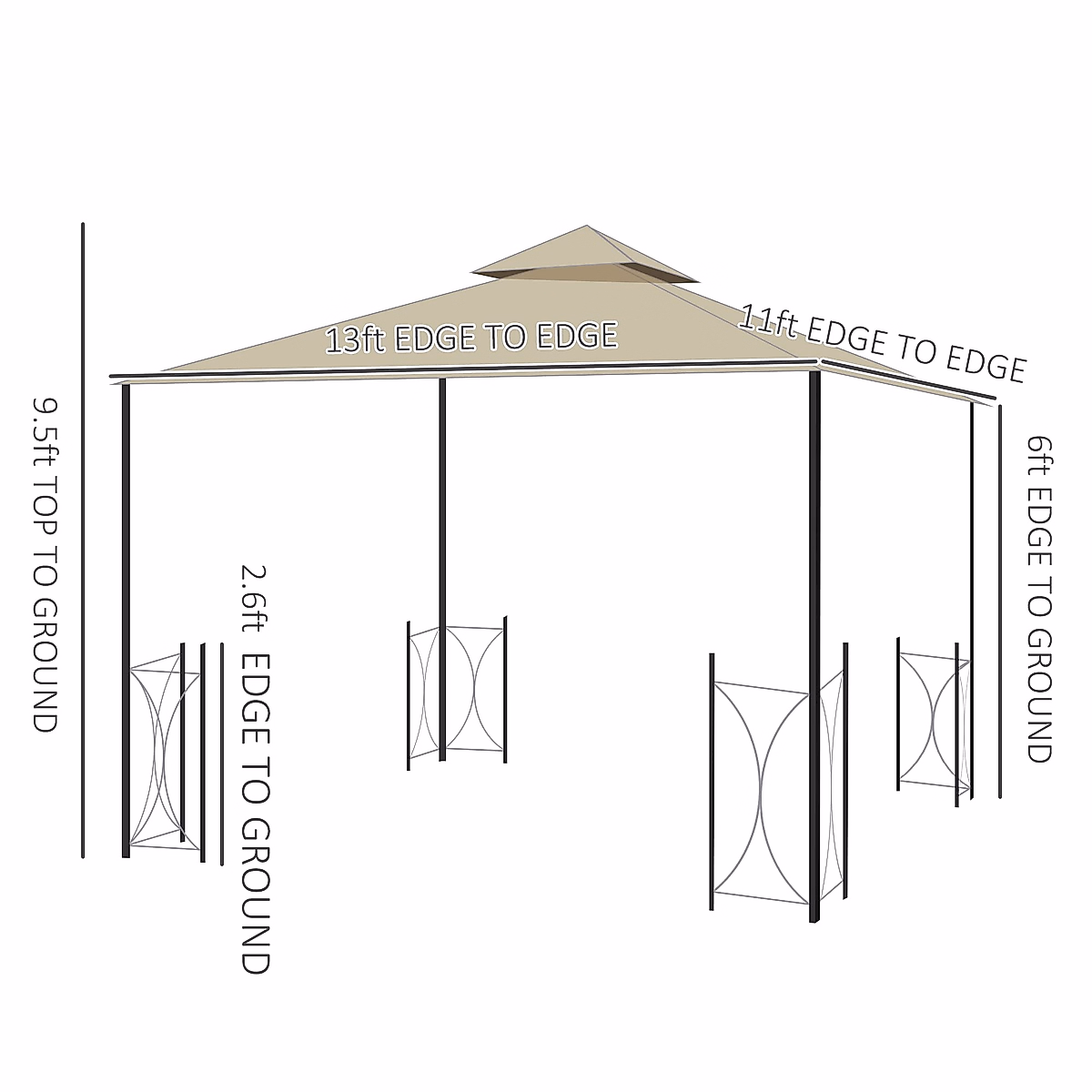 Outsunny 11' x 13' Patio Gazebo, Double Roof Outdoor Gazebo Canopy Shelter with Netting & Curtains, Steel Corner Columns for Garden, Lawn, Backyard and Deck, Beige
