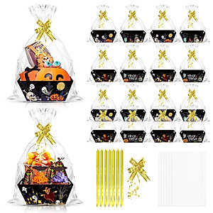 CIEOVO 24 Set Halloween Party Baskets for Gifts Empty with Cellophane Basket Bags Bows, Happy Halloween Market Tray Cardboard Basket to Fill for Halloween Trick or Treat Party Decor