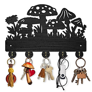 MAYJOYDIY Mushroom Wall Mounted Coat Rack Wildflower Meadow Wood Key Hooks for Wall 11.8×7.9inch Black Key Holder Hanger Wall Art Decor with 5 Alloy Hooks for Gift Hallway Entryway Kitchen