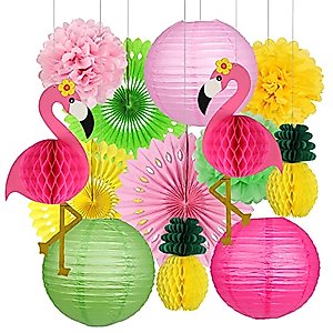 Flamingo Party Supplies, Hawaiian Party Decorations Flamingo and Pineapple Honeycomb Ball Paper Lanterns Paper Fans Pom poms Flowers for Birthday Luau Tropical Bachelorette Party