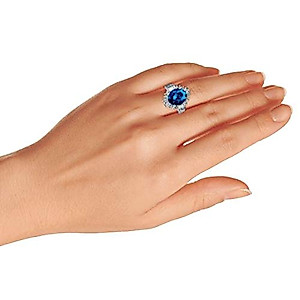 Bling Jewelry Personalize Art Deco Style Royal Blue Oval Baguette Halo 6 CT AAA CZ Simulated Sapphire Solitaire Statement Engagement Ring For Women Silver Plated Customizable