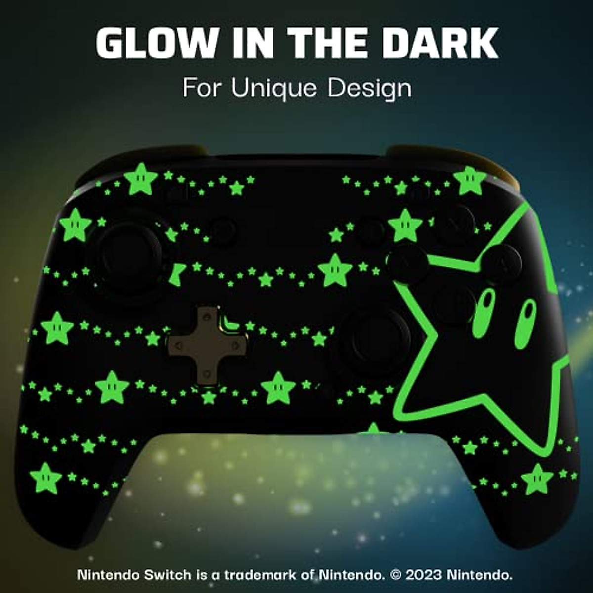 PDP REMATCH Enhanced Wireless Nintendo Switch Pro Controller - Rechargeable Battery Powered, Mario Super Star Glow in the Dark