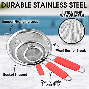 Zulay Kitchen Premium Stainless Steel Fine Mesh Strainer Set - Strainers For Kitchen (Set of 3) With Non-Slip Handles - Includes A Small, Medium & Large Fine Mesh Sieve Set - Durable Metal Strainer