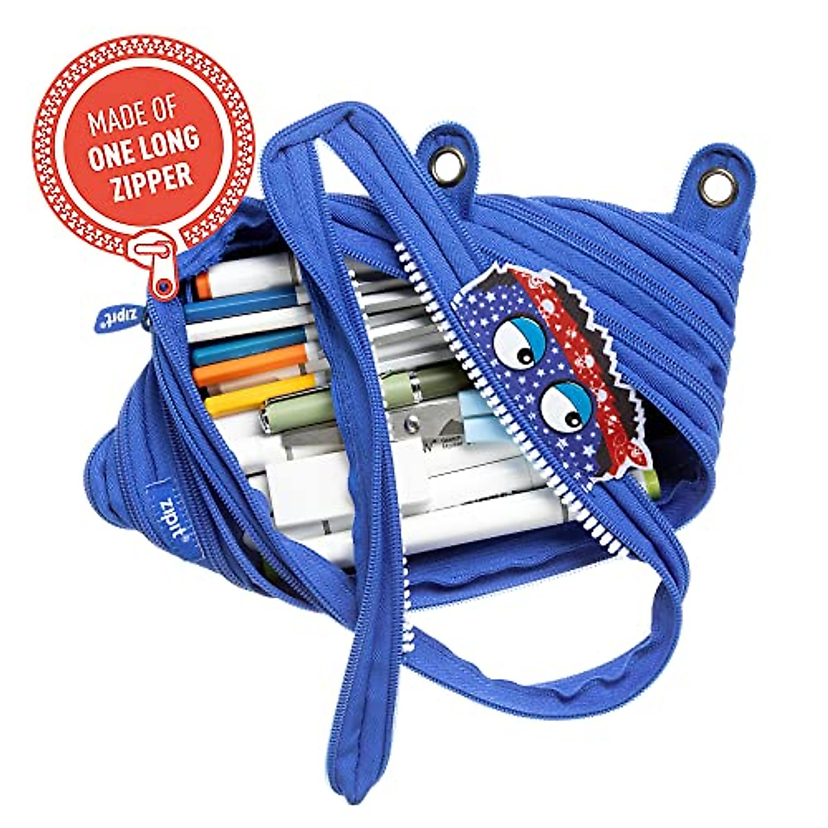 ZIPIT Talking Monstar 3-Ring Binder Pencil Pouch, Large Capacity Pen Case for Kids, Made of One Long Zipper! (Blue)