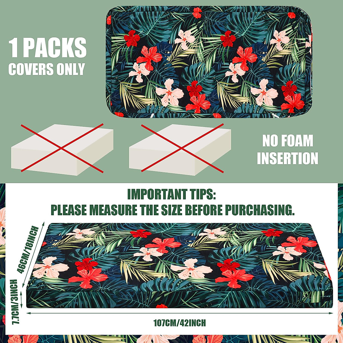 SmoothNovelty Hawaiian Outdoor Patio Bench Cushion Cover, No Insert, Palms Cushion Cover Replacement with Zipper Waterproof Loveseat Cushion Covers for Swing Sofa Chair Furniture(42 x 18 x 3 Inch)