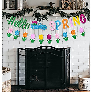 JKQ Glitter Hello Spring Banner with Tulip Truck Signs and Colorful Glittery Tulips Banner Hello Spring Tulips Flowers Garland Banner Spring Easter Birthday Party Fireplace Mantle Decorations