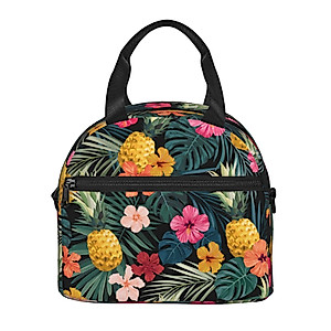 Palm Leaves Hibiscus Flowers Lunch Bag Tropical Pineapples Fruit Reusable Insulated Lunch Tote Bag Lunchbox Container With Adjustable Shoulder Strap For Office Work School Picnic Travel
