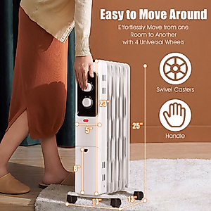 GOFLAME 1500W Oil Filled Radiator Heater, Electric Space Heater with 3 Heating Modes, Adjustable Thermostat, Tip-Over & Overheat Protection, Powerful Oil Heater for Home and Office, White