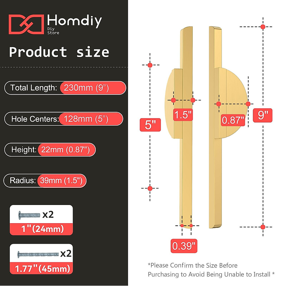 homdiy 2 Pack Half Moon Cabinet Pulls Gold Drawer Pulls Semicircle Cabinet Handles Brushed Gold Modern Hardware for Dresser Bathroom 5 inch (128mm) Hole Center