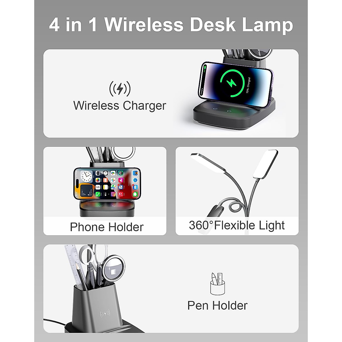 GOLSPARK Desk Lamp with Wireless Charger, LED Desk Lamp for Home Office 3 Color Modes CRI90+ Eye-Caring Reading Light with Pen Holder, Dimmable Gooseneck Touch Control Table Lamp for College Dorm Room