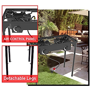 Outdoor & Indoor Portable Propane Stove, Single & Double Burners with Gas Premium Hose, Detachable Legs for Backyard Kitchen, Camping Grill, Hiking Cooking, Outdoor Recreation (DB02-Large,2 Burners)