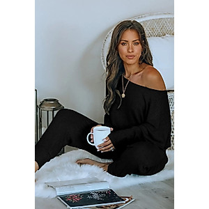 PRETTYGARDEN Women's 2 Piece Ribbed Tracksuit Outfits Off Shoulder Long Sleeve Pullover Long Pants with Pockets (Black,Large)