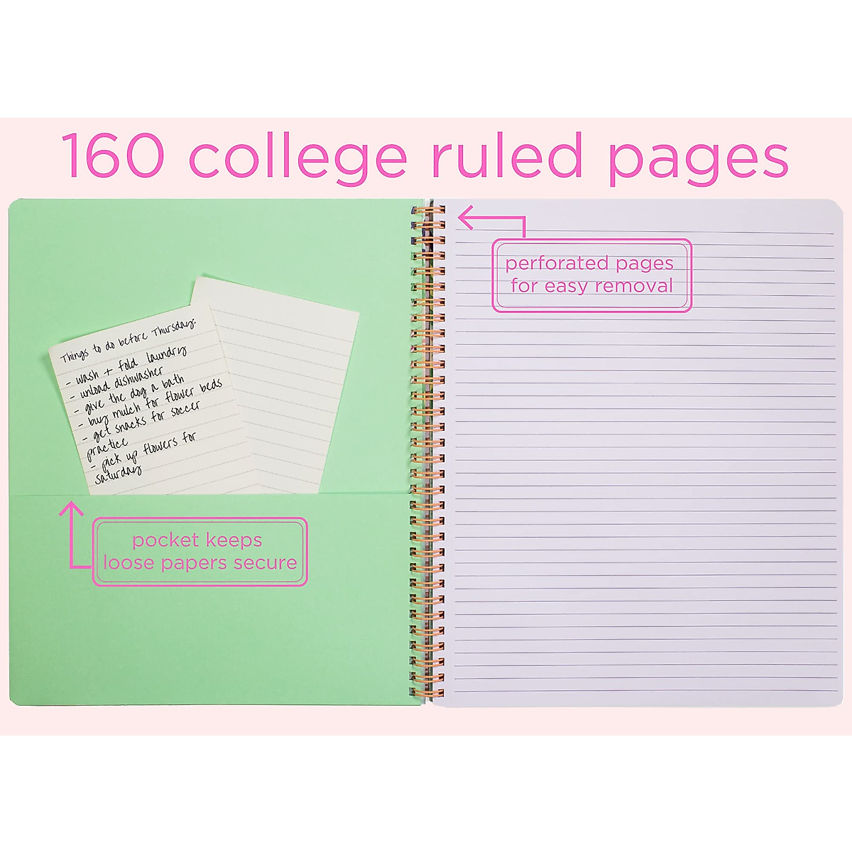 Steel Mill & Co Cute Large Spiral Notebook College Ruled, 11" x 9.5" with Durable Hardcover and 160 Lined Pages, Mint Floral
