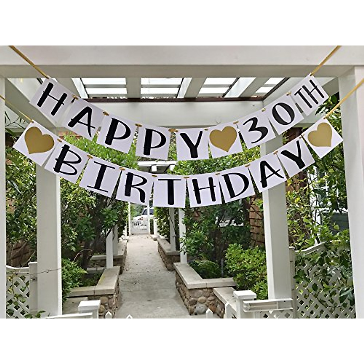 Happy 30th Birthday Banner - Gold Hearts and Ribbon - Birthday Decorations