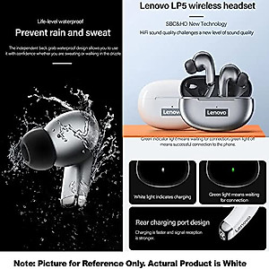Lenovo Bluetooth Headphones Wireless Earbuds Thinkplus LivePods LP5 V5.0, Handsfree WaterProof Headphone 12Hrs Battery life with Charging Case Ergonomic Design Snug fit earbud Noise Reduction- White