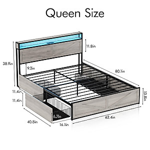 Halitaa LED Queen Size Bed Frame with Charging Station & 4 Drawers, Platform Metal Bed Frame with Headboard USB Ports Outlets, Farmhouse Bed Frame with LED Lights, Noise Free, Wash Grey (Queen)