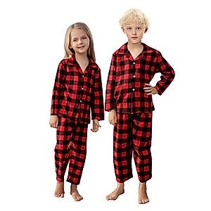 Family Plaid Pajamas Set, Baby Toddler Little Boy's Girl's 2-Piece Button Down Sleepwear Pjs, Black Red, 9-10 Years=Tag 150