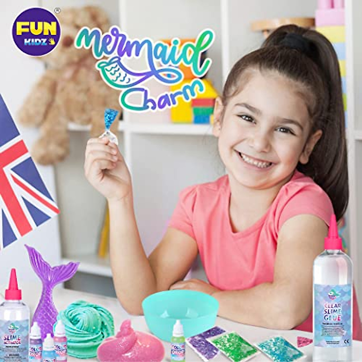 Summer Mermaid Slime Kit for Girls 10-12, FunKidz Shimmer Slime Making Kit for Kids Age 8-10 D.I.Y. Fluffy Glitter Slime Toy Mermaid Gift