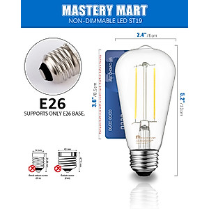 MASTERY MART E26 Led Bulb 60 Watt Equivalent, 5.5W Clear Edison Bulbs, Daylight White 4000k, CRI 90+, 500 Lumen, Vintage ST58 led Light Bulb for Home Non-Dimmable, 6 Pack