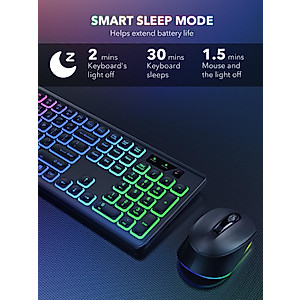 Wireless Keyboard and Mouse Backlit, Quiet Light Up Keys, Tilt Legs, Sleep Mode - Rechargeable USB Cordless Combo for Computer, iMac, PC, Laptop - by SABLUTE, Black