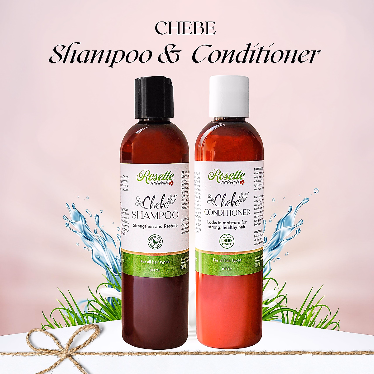 Roselle Naturals Chebe Shampoo and Conditioner for Hair Growth - Chebe Hair Shampoo and Conditioner Hair Growth Oil Duo with Chebe Oil and Rosemary Oil for Hair Growth, Hair Oil, 8 oz